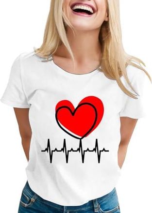 Generic T-shirt graphique &agrave; manches courtes pour la Saint-Valentin 2026 pour femme avec imprim&eacute; coeur, blanc, S