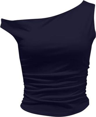 Generic Débardeurs légers pour femme, camisole débardeur sexy froncé à une épaule dénudée, débardeur sans manches par Tops, noir foncé, XS