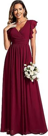 Ever-pretty Robe de Soirée Dos Nu pour Femme Manches Volantées Mousseline Col V Plissé Robe de Demoiselle dhonneur Longue Élégante Bordeaux 38