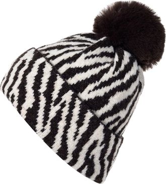 styleBREAKER Damen Bommelm&uuml;tze Strick mit Zebra Muster | warme Strickm&uuml;tze mit Kunstfell Pompon | elastische Winter Beanie Pudelm&uuml;tze Viskose, Farbe:Dunkelbraun-Be