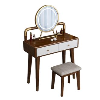 Generic LED Frisiertisch mit Spiegel Gummiholz Make-up Schreibtisch und Stuhl Doppelschublade Kommode beweglicher Aufbewahrungsschrank Nussbaum Finish 31,5 Zo