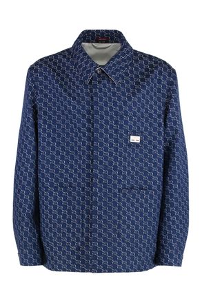 Gucci Mens Cotton Overshirt With Gg Motif Blue Shirt