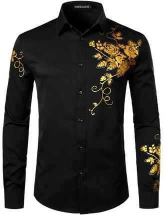 PARKLEES Herren Hipster Stickerei Design Slim Fit Langarm Button Down Kleid Shirts, Zzcl63-black gold, S