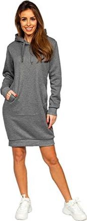 BOLF Femme Sweat Long? Capuche? la Mode Hoodie Robe Sweat-Shirt? Manches Longues Automne Hiver en Coton Couleur Unie Poche Kangourou YS10005 Graphite L [A1