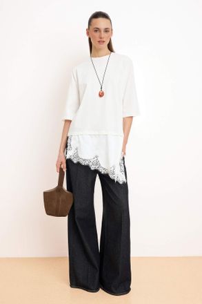 Trendyol Modest Damen Wei&szlig; Einfarbig 3/4-Arm Regular Fit Modest T-Shirt