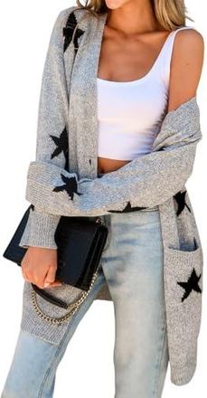 Cupshe Pull à manches longues ouvert sur le devant pour femme Motif étoile en tricot à la mode Cardigans Pull Manteau Gris S