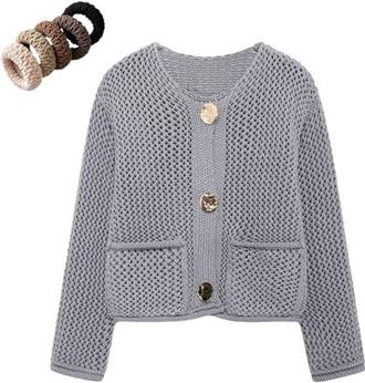 Generic Cardigan court pour femme, cardigan en tricot &eacute;pais ouvert sur le devant, cardigan dautomne &agrave; manches longues ouvert sur le devant, gris, L