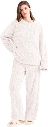 Power Flower Ensemble Pyjama en Polaire Douce pour Femme - Pull et Pantalon Amples en Peluche, Ensemble de Nuit Confortable 2 pièces pour lHiver (S-M, LY219-Oatmea