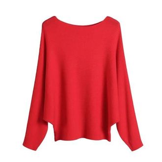 Generic Pull en tricot &agrave; manches chauve-souris et col bateau pour femme - Automne et hiver - Long pull chaud en tricot c&ocirc;tel&eacute;, Rouge, Taille unique