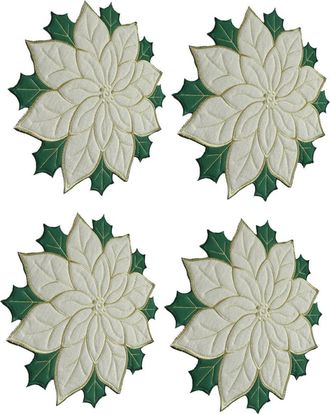 Cabilock 4 St&uuml;ck Weihnachtsstern Platzsets mit Besticktem Motiv Isolierende Tischsets aus Silberwei&szlig;em Leinen mit Schaumstoff Hitzebest&auml;ndig f&uuml;r Weihnachtsfeie