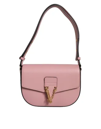 Versace Womens Pink Grainy Calf Leather Logo Crossbody Shoulder Bag