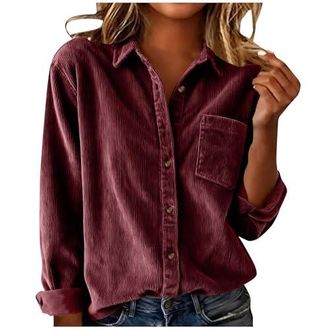 Generic Chemises en velours c&ocirc;tel&eacute; pour femmes &agrave; manches longues avec col et boutons - Blouse ample style boyfriend - Hauts oversize avec poche, bordeaux, L