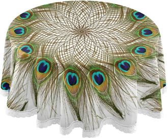 Mnsruu Tischdecke 60 Zoll Rund Sch&ouml;ne Pfauenfeder Vogel Artwork Tischdecke Tischdecke Dekorative Spitze Makramee f&uuml;r Buffettisch Party Urlaub Abendessen