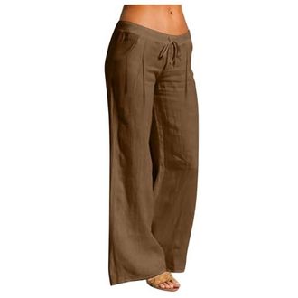 Generic Pantalon d&eacute;contract&eacute; en lin pour femme - Taille &eacute;lastique - Pantalon de plage ample - Cordon de serrage - Taille haute - Jambe droite - Pantalon de d&eacute;