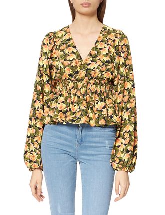 NA-KD Damen Smocked Waist Blouse Bluse, Orangefarbene Blume, 38 EU