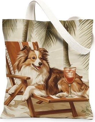 Generic Sac fourre-tout amusant en toile motif chien berger shetland 33 x 38,1 cm, sac &agrave; bandouli&egrave;re r&eacute;utilisable pour femme, peinture danimaux domestiques, d