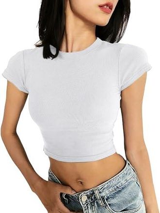 Generic Haut court &agrave; manches courtes pour femme - Coupe ajust&eacute;e - Extensible - C&ocirc;tel&eacute; - D&eacute;contract&eacute; - Basique - Pour sortir dans la rue, blanc, XXL