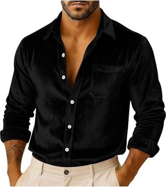 Generic Chemise &agrave; manches longues en velours doux pour homme avec poche de poitrine - Couleur unie - Coupe d&eacute;contract&eacute;e - Printemps et automne - Chemise d&eacute;con