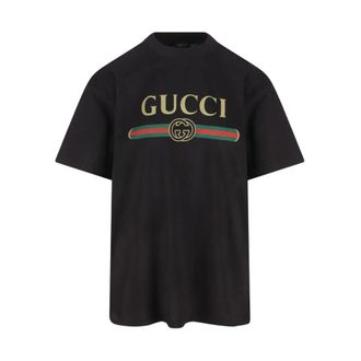 Gucci Baumwolljersey- und Seiden-T-Shirt mit Print - - Tops - Damen - Schwarzk - M