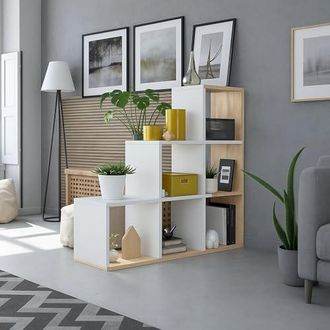 Dmora B&uuml;cherregal Cincinnati, Doppelseitiges B&uuml;cherregal mit 6 F&auml;chern, B&uuml;rotrennregal, cm 108x28h110, Wei&szlig; und Eiche