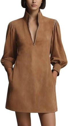 Generic Robe en daim &agrave; manches longues pour femme - Longueur midi - Col montant - Fermeture &eacute;clair sur le devant - Avec poches - &Agrave; porter au quotidien et, kak