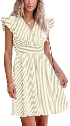 Cupshe Mini robe dété pour femme avec col en V et manches flottantes rayée et taille smockée, Beige rayé, Taille S