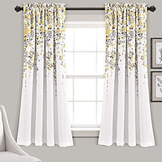 Lush D&eacute;cor Fenstervorhang, Motiv: Weinende Blumen, 132 cm B x 160 cm L + 5,1 cm Kopfleiste, Gelb und Grau - charmante, Moderne Vorh&auml;nge mit Blumenmuster f&uuml;r Wohn