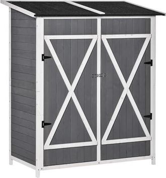 OUTSUNNY Gartenschrank Geräteschuppen mit 2 Tür Geräteschrank mit Asphaltdach Gartenlagerschrank Antidumping Design mit Bodennägel Tannenholz Grau+Weiß 139 x 7