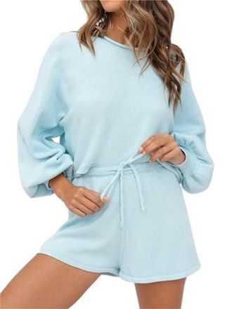 Generic Tenue 2 pi&egrave;ces en tricot pour femme, coupe d&eacute;contract&eacute;e, haut &agrave; col rond et short avec cordon de serrage &agrave; la taille, camel, taille S, pour un usage q
