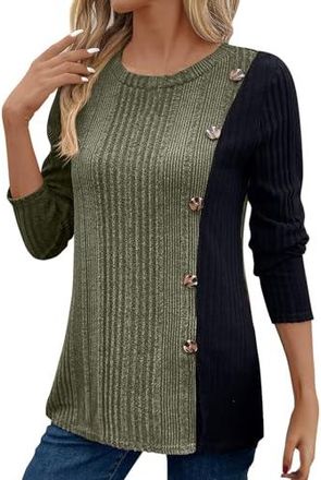 Generic Sweat-shirt pour femme - &Eacute;l&eacute;gant bloc de couleurs - Pull long - Automne - Hiver - Manches longues - Col rond - Loisirs - T-shirt avec bouton - Tunique