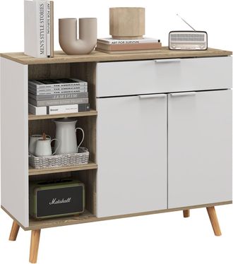 HOMCOM Aufbewahrungsmöbel, Küchenbuffet, Kommode, verstellbare Regale, 1 Schublade 1 doppeltüriger Schrank, Füße aus Massivholz, 95 x 35 x 85 cm, weiß