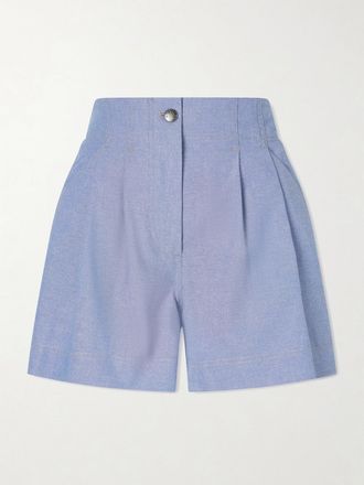 Moncler Short En Chambray De Coton &Agrave; Plis - Bleu