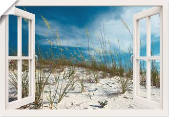 Artland Wanddeko Poster & Kunstdrucke Wandposter 100x70 cm Landschaften Strand Fotografie Blau Fensterblick Sanddüne und Gräser T6BR