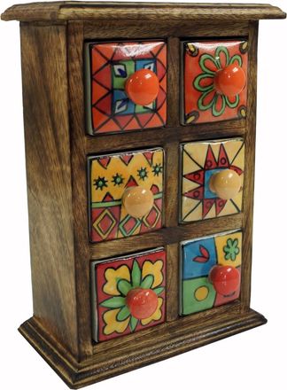 Guru Shop Apothekerschr&auml;nkchen mit Bunten Keramik Schubf&auml;chern, Gew&uuml;rzkiste - 2x3 F&auml;cher Modell 1, 25x18x10 cm