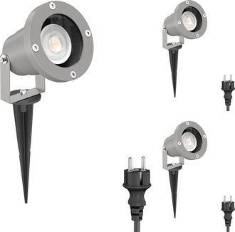 LEDs Com 3 Stück Gartenstrahler DUK mit Erdspieß für außen, IP65, Stecker, grau, inkl. GU10 LED 468lm warmweiß