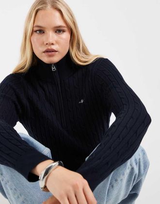 GANT pull en coton stretch &agrave; torsades demi-zip bleu fonc&eacute;