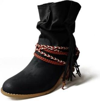 Generic Bottines Femme Souples avec Brides Tressées Et Gland Bout Rond Talons Bas Épais Dessus en Cuir PU Durable Slip on Chaussures Décontractées Bohème,Noir