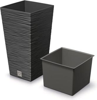 Prosperplast Anthrazitfarbenes Pflanzgefäß mit Behälter, Kollektion FURU, 20 x 20 x 38 cm, Fassungsvermögen 5 L