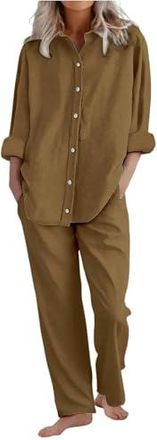 Generic Tenues 2 pièces pour femmes, survêtements pour femmes, grande taille, chemisiers boutonnés à manches longues et pantalon droit avec poches, vêtements 