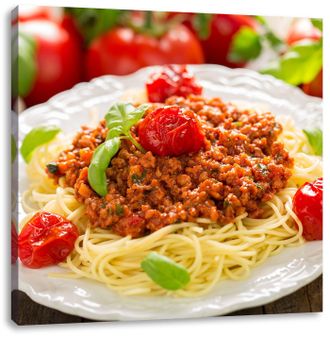 Pixxprint Spaghetti Bolognese auf dem Teller, Gr&ouml;&szlig;e: 40x40 cm, Leinwandbild Quadratisch, Wandbild, Kunstdruck, fertig bespannt