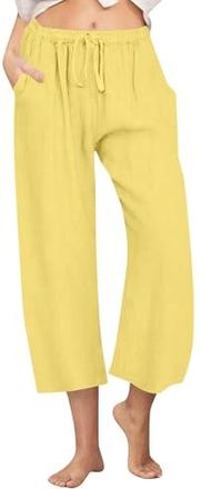 Generic Pantalon court en coton et lin pour femme - Pantalon capri d&eacute;contract&eacute; - Uni - Coupe ample - Confortable - Cordon de serrage - Taille &eacute;lastique - Pant