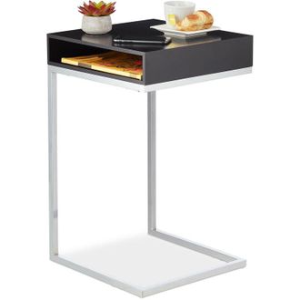 Relaxdays Relaxdays - Guéridon, forme de c, HxLxP : 63x37x38 cm, table dappoint près du canapé, mdf et métal, étagère, noir/argenté