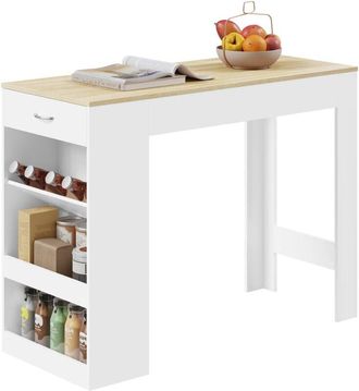 Woltu Table de Bar WOLTU, 1 Tiroir et 3 Compartiments Ouverts, Table Haute Cuisine en Bois dIngénierie, Chêne Clair + Blanc