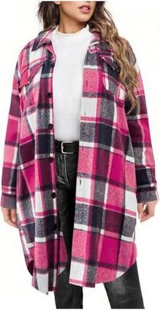 Generic Cardigan long pour femme - Chemise à manches longues - Style décontracté - Col à revers boutonné - Manteau à carreaux à manches longues - Cardigan lon