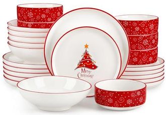 Malacasa Vaisselle de Noel Porcelaine, 24 Pièces Service de Noël pour 6 Personnes, Rouge avec Motifs de Sapins de Noël - Série LUNA