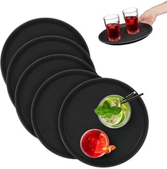 Relaxdays Serviertablett 5er Set, rutschfeste Oberfl&auml;che, rundes Kellnertablett, Getr&auml;nke, Gastronomie, &Oslash; 28 cm, schwarz