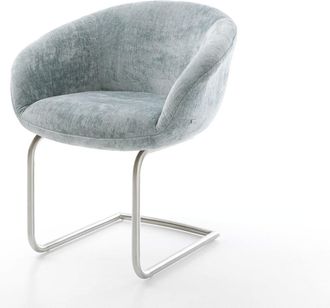 DELIFE Freischwinger Vinka-Flex mit Armlehnen Chenille Pastellblau Freischwinger rund Edelstahl Taschenfederkern, Esszimmerstühle