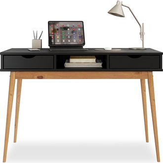 IDIMEX Schreibtisch Stefano schwarz/Eichefarben - Bürotisch mit 2 Schubladen und Fach aus Massivholz, Home Office Tisch, moderner Arbeitstisch