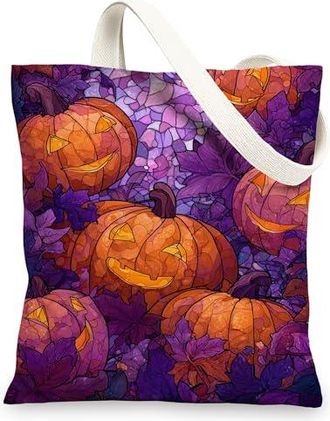 Generic Sacs fourre-tout en toile motif citrouille dHalloween, sacs de courses réutilisables, légers, lavables et respectueux de lenvironnement, Violet, 13x15