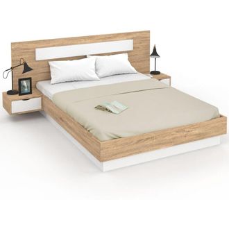 IDMarket Idmarket - Lit double santa avec t&ecirc;te de lit + tables de chevet int&eacute;gr&eacute;es et sommier 160 x 200 cm bois et blanc